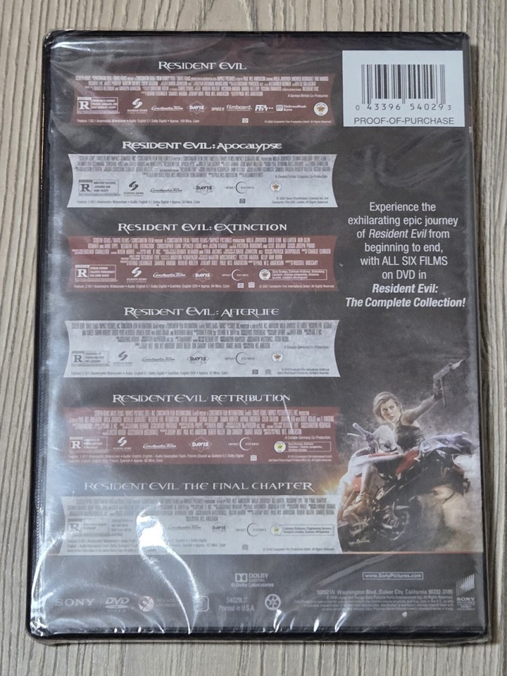 Resident Evil: Complete Collection (DVD) 6 Films Apocalypse Afterlife ...