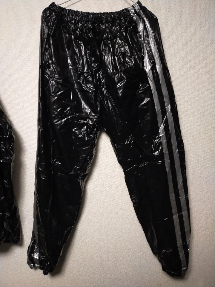 Black PVC plastic tracksuit saunasuit rainwear front zip jacket pants ...