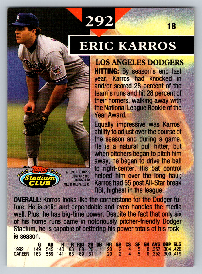1993 Topps Stadium Club #292 Eric Karros Los Angeles Dodgers Baseball ...