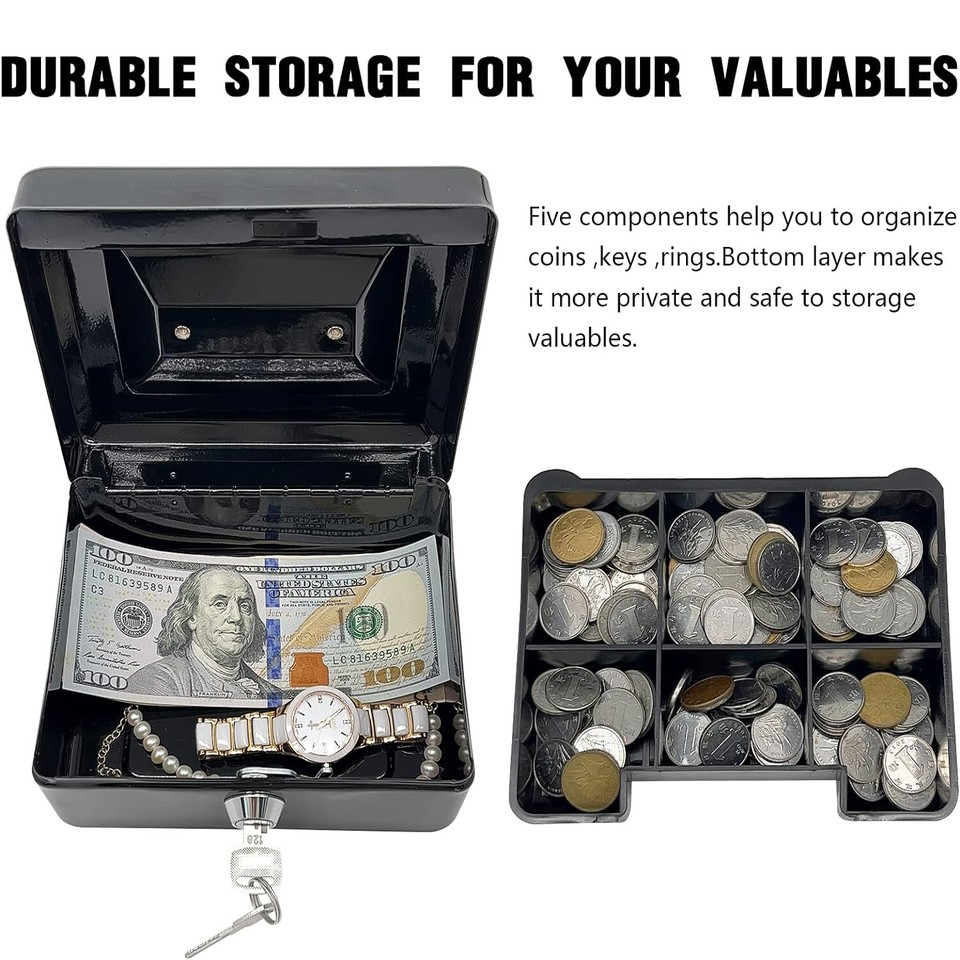 Locking Steel Cash Lock Box with Keys Security Money Tray Double Layer ...