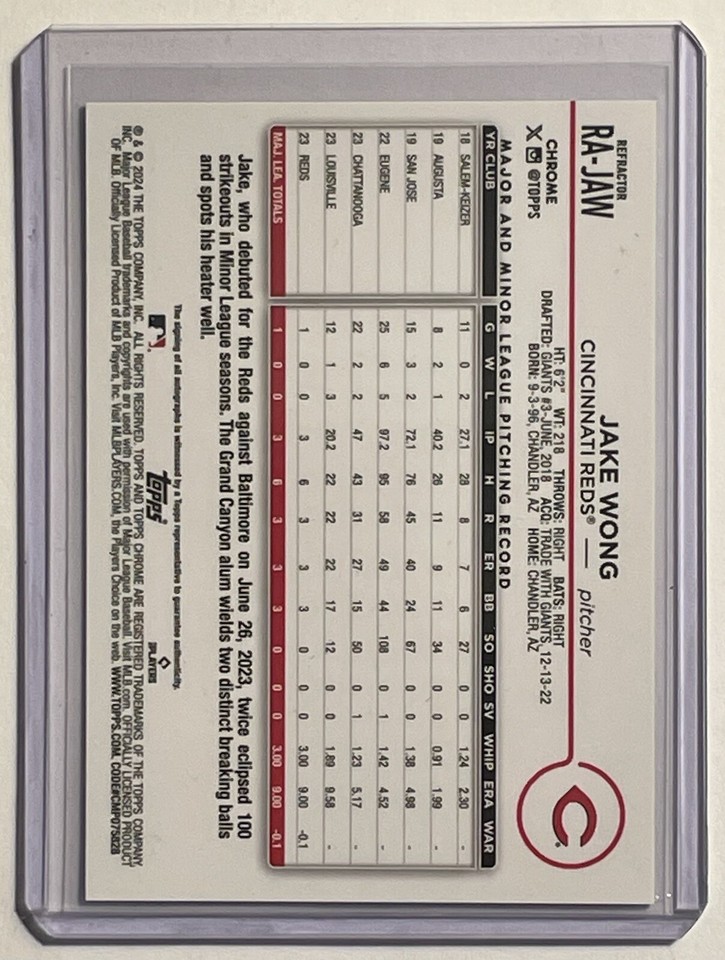 2024 Topps Chrome Baseball Jake Wong Refractor Rookie AUTO /499 #RA-JAW ...