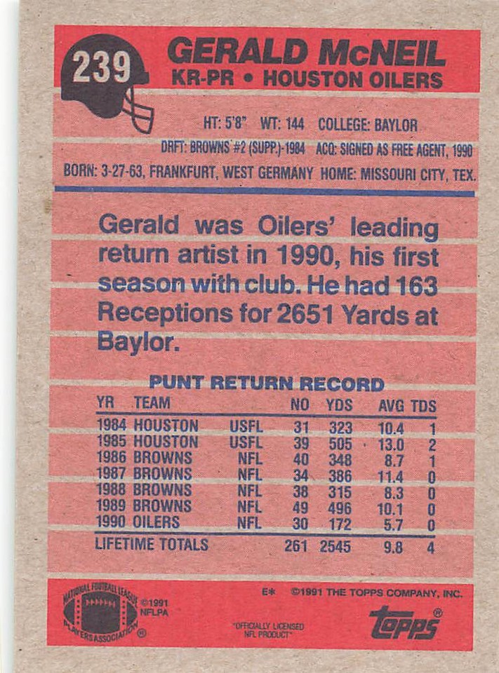 1991 Topps Football Card #239 Gerald McNeil | eBay