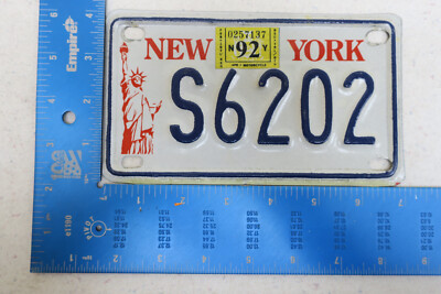 1992 NEW YORK MOTORCYCLE LICENSE PLATE NATURAL STICKER STATUE OF ...