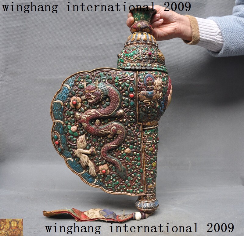 18"Conch Bronze Painted inlay gem Dragon horse Elephant Conch Trumpet ...