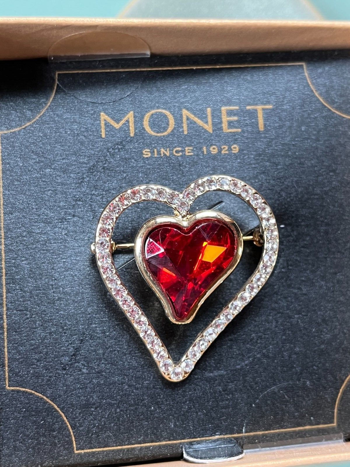Estate Monet Goldtone w Jelly Red Heart Shaped Cab & … - Gem
