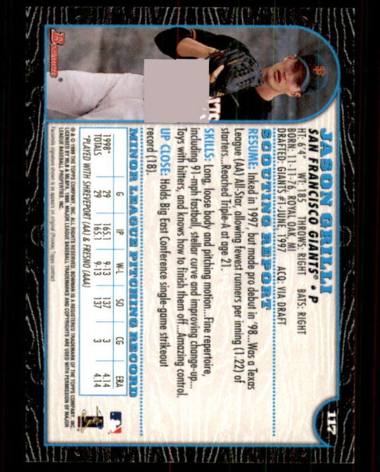 1999 Bowman #117 Jason Grilli AUTOGRAPHED!!! Giants 236802 | eBay