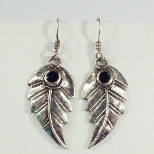 Sterling Silver Leaf Hook Drop Dangle Black Glass Stone Earrings | eBay