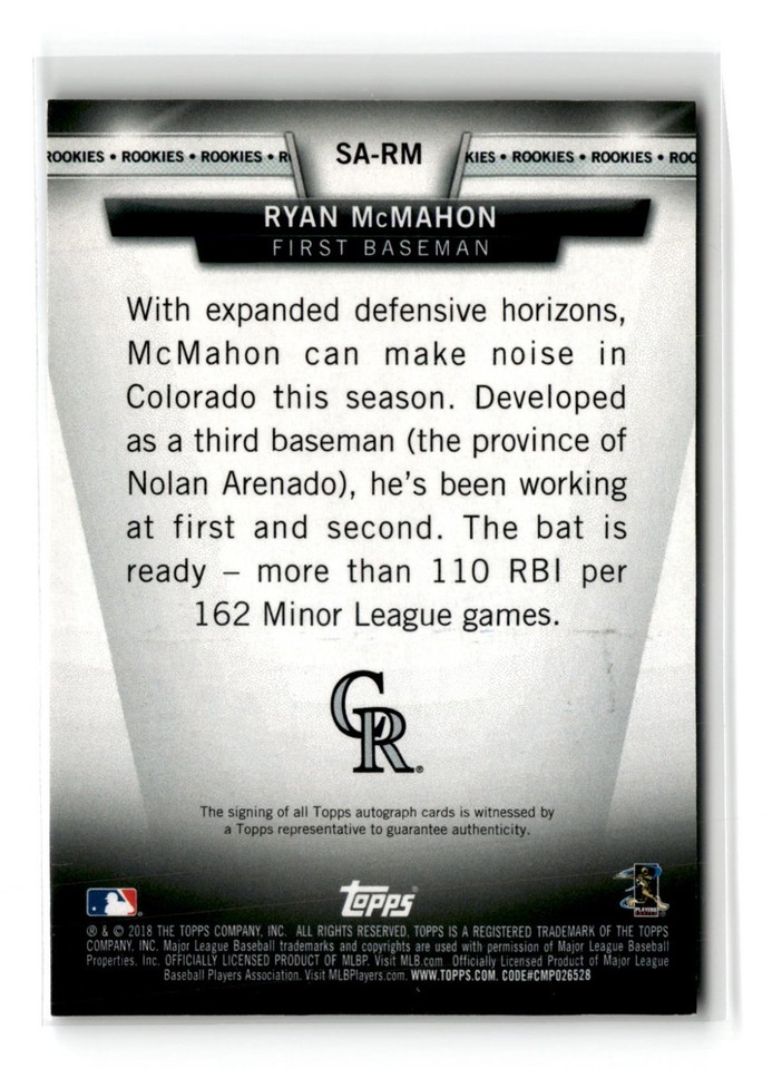 Ryan McMahon 2018 Topps Rookie Auto #SA-RM Autograph RC Rockies Yankees ...