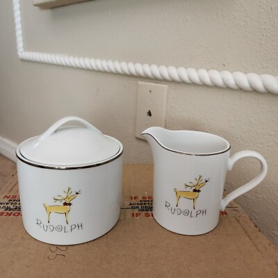 Pottery Barn Reindeer Rudolph Sugar Bowl Lid and Creamer Condiment Set ...