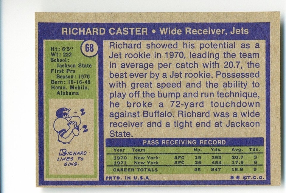 1972 TOPPS NEW YORK JETS RICHARD CASTER #68 ROOKIE CARD | eBay