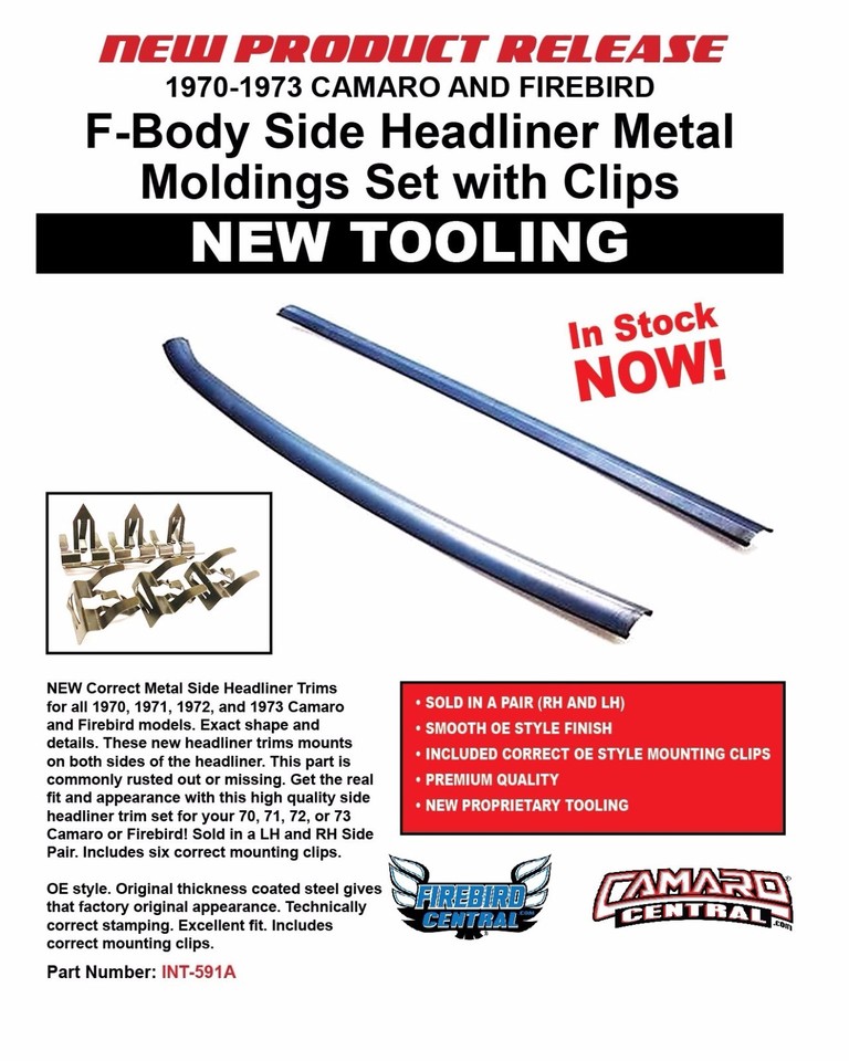 1970-1973 Camaro Firebird Trans Am Metal Headliner Trim Molding & Clip ...