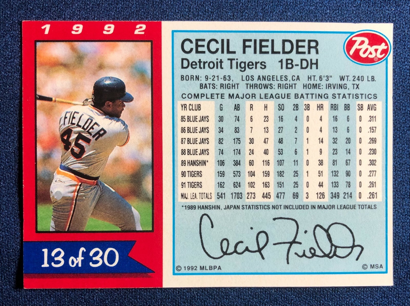 1992 POST COLLECTORS SERIES #13 CECIL FIELDER (DETROIT TIGERS) BASEBALL ...