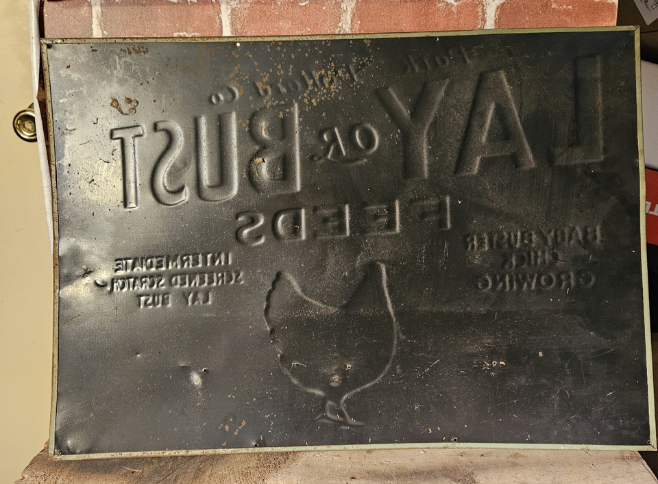 VINTAGE PARK & POLLARD LAY OR BUST FEEDS CHICKEN FARM TIN SIGN - ALL ...
