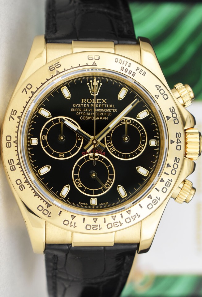 ROLEX 40mm 18kt Gold DAYTONA Patent Black Strap Black Index 116518 ...