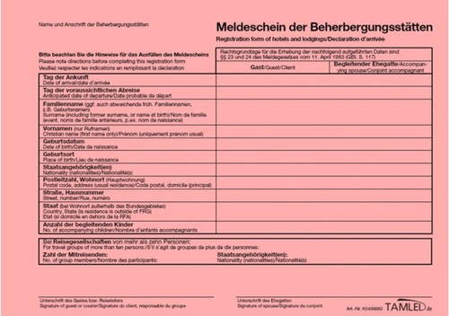 Fremdenmeldeblock 5 x 100 Blatt Meldeschein Fremdenmeldeschein ...