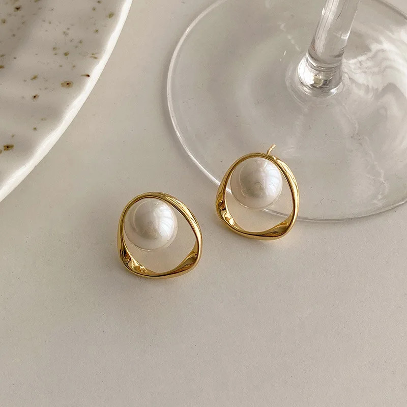 Gold Hollow Pearl Stud Earrings for Women Irregular Geometric Party ...