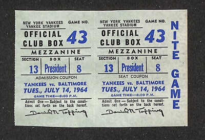 JULY 14, 1964 BALTIMORE @ NY YANKEES PRESIDENT CLUB BOX & STADIUM CLUB ...