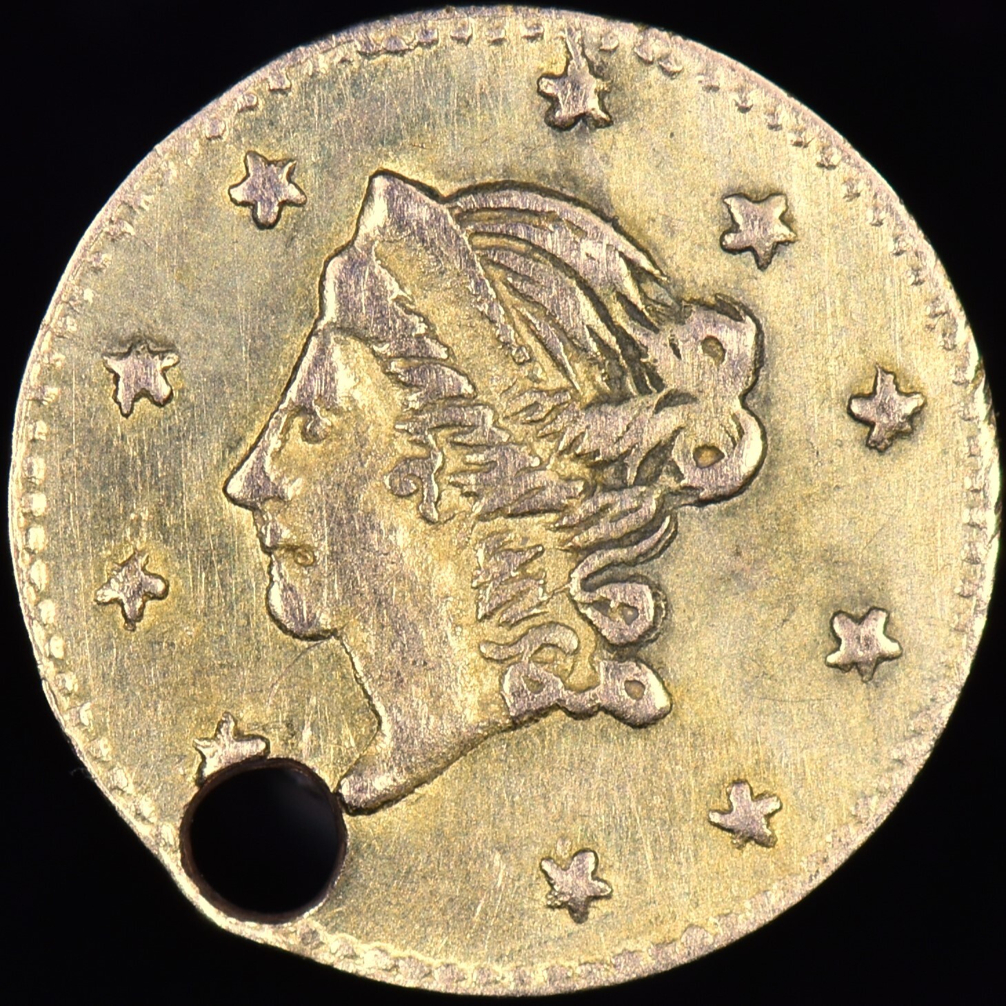 1870 50C CALIFORNIA GOLD COIN BG-1010 1/2 DOLLAR HOLED HOLE VF TRUSTED ...