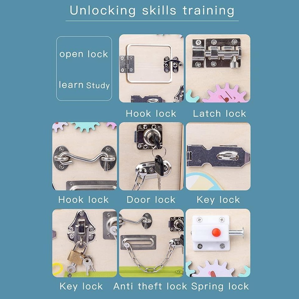 WOODEN BUSY BOARD MONTESSORI MOTOR SKILL ACTIVITY EARLY LEARNING ...