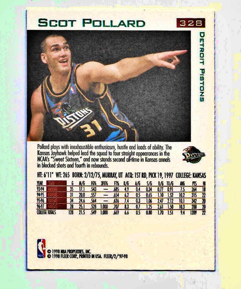 1997-98 Fleer Scot Pollard Rookie RC #328 Detroit Pistons | eBay