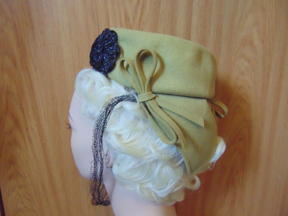 VTG 40s Mohn Brothers Carol Hat Chartreuse Berkshire Felt & Black Straw ...