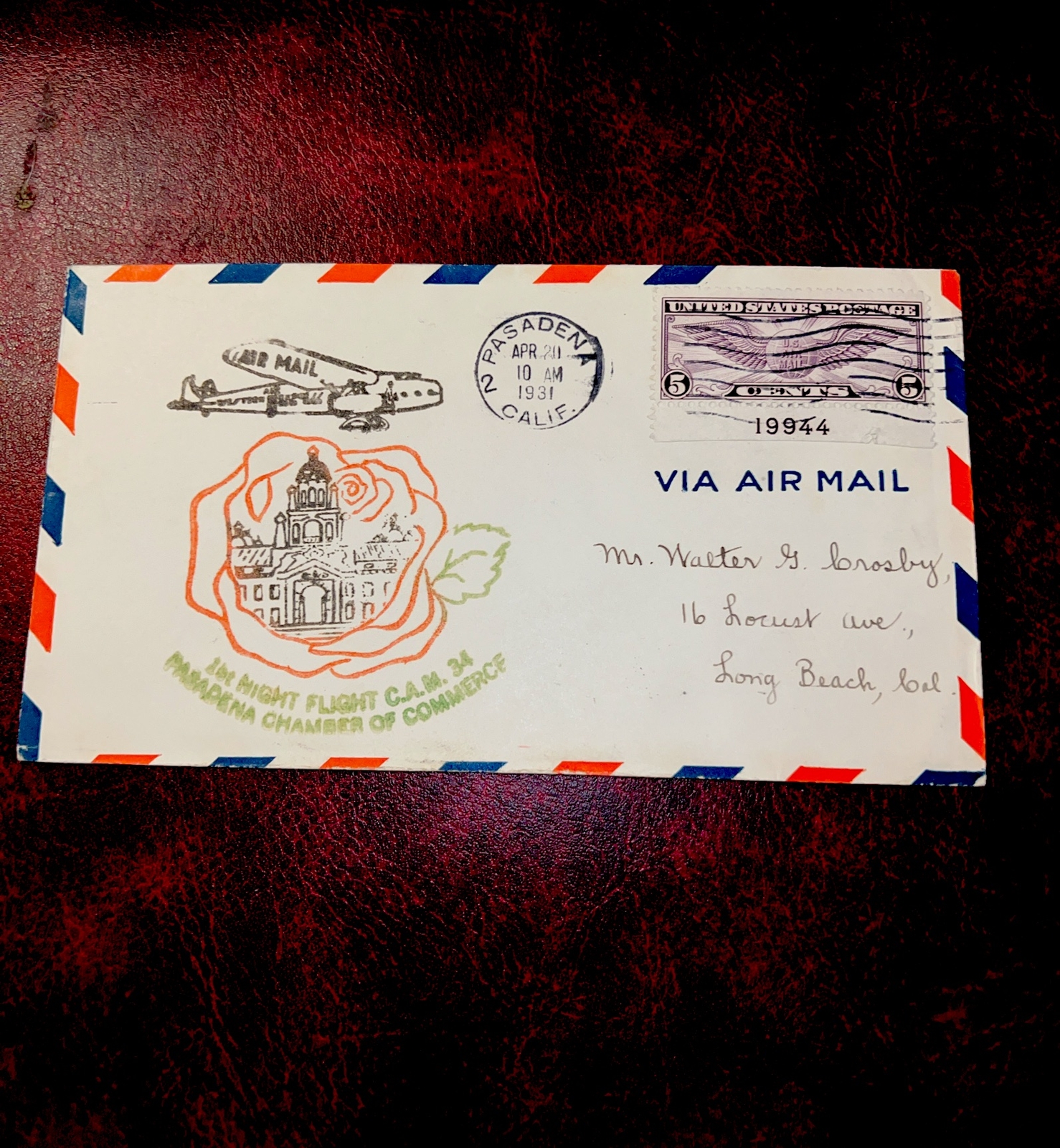 1st Night Air Mail Flight From Pasadena Cali To Long Beach Cali ...