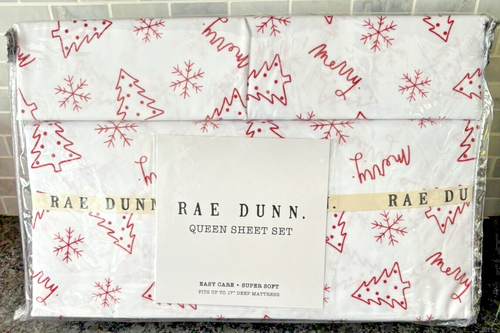 Rae Dunn Queen Sheet Set Merry Christmas Trees Holidays White Red Super ...