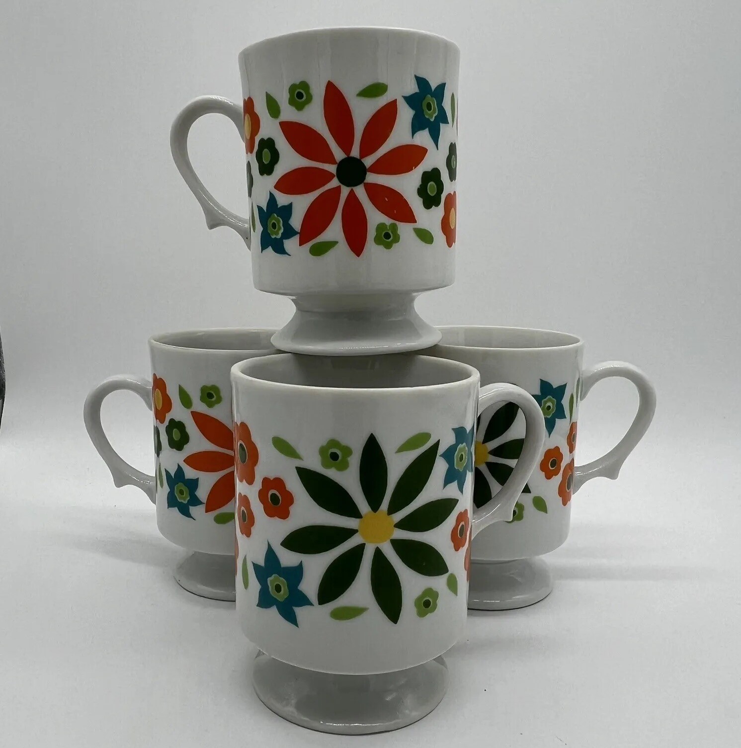 Four (4) Flower Power Coffee Cups Mugs Pedestal Footed Orange Green ...