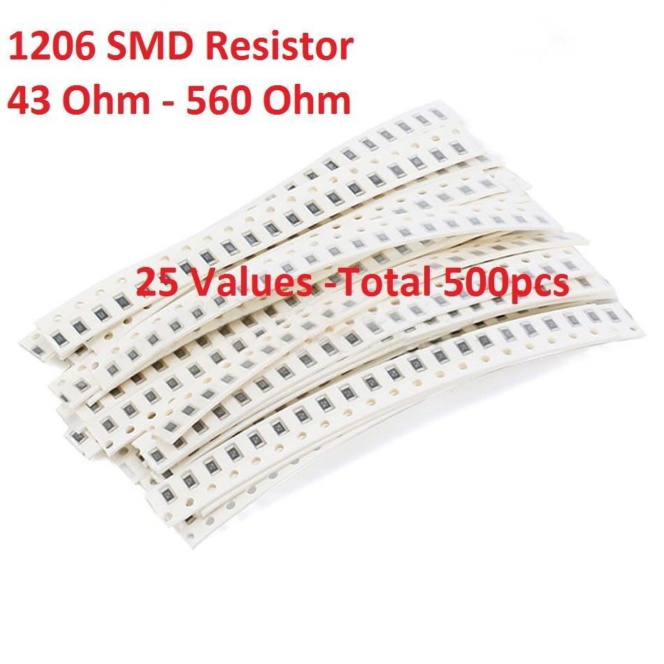 25 Values 500pcs 43 Ohm - 560 Ohm ±5% 1206 SMD/SMT Resistors Assortment ...