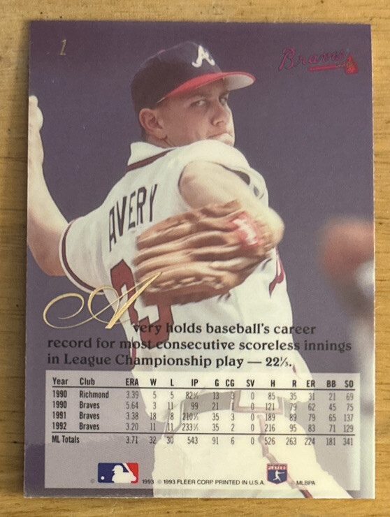 1993 Fleer Flair Steve Avery Baseball Card #1 Braves High Grade NM | eBay