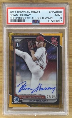 #/50 PSA 9 🔥 2024 Bowman Draft 1st Brian Holiday Chrome Auto Gold Wave ...