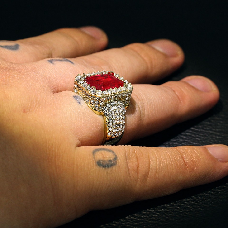 Red Pinky Ring Iced Cubic Zirconia 18k Gold Plated Hip Hop Fashion ...
