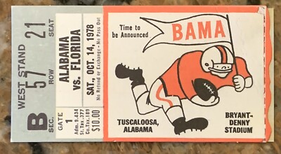 1978 Alabama Crimson Tide vs Florida Football Ticket Stub Reproduction ...