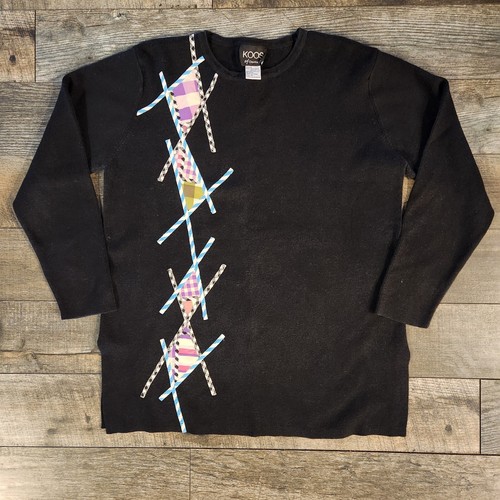 VTG Koos Of Course M Sweater Pull Over Black Embroidered Plaid Patches ...