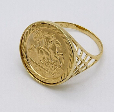 375 9ct Yellow Gold Mens Half Sovereign Coin Ring Size V Brand New ...