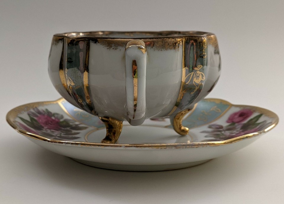 3 Footed Tea Cup & Saucer Pink Flowers Green Accents Gold Trim Napco ...