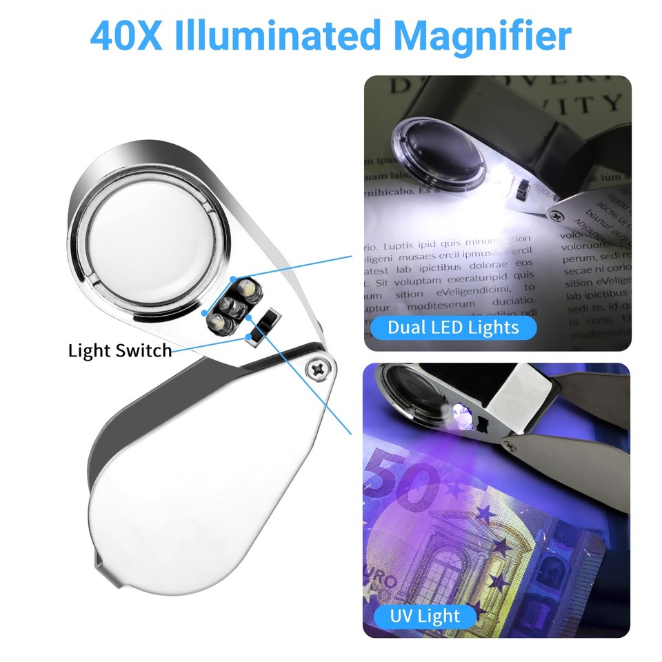4pc Jewelers Magnifier 10X 20X 30X 40X Illuminated Jewelry Magnifying ...