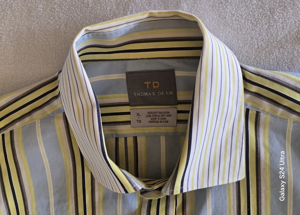 Thomas Dean Shirt Mens XL Yellow Blue Stripe Long Sleeve Button Up Flip ...