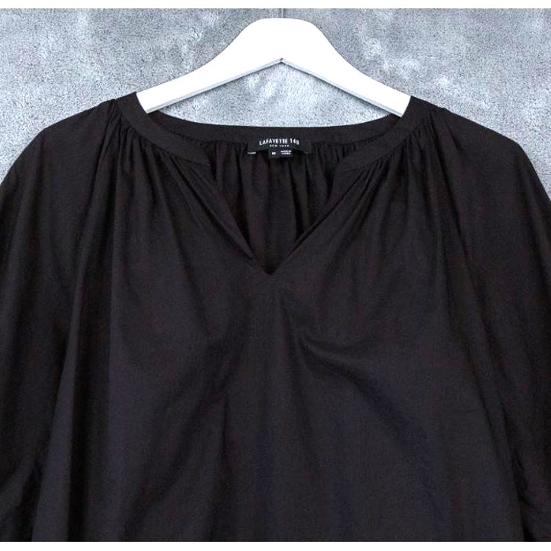 LAFAYETTE 148 Gathered Split Neck Peasant Pop Over Top Minimalist Black ...