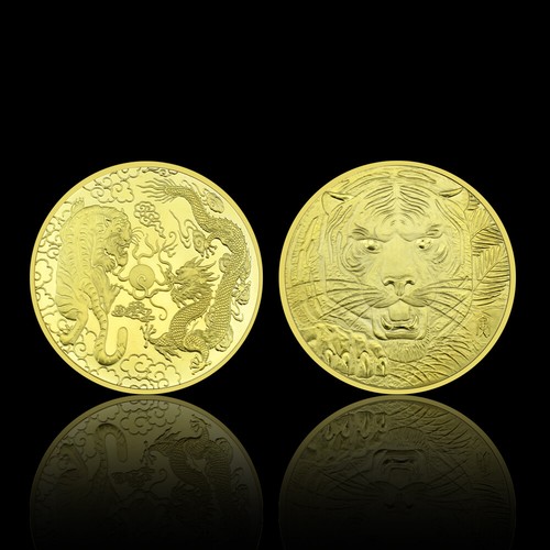 Chinese Dragon and Tiger Gold Plated Coin Art Crafts Animal ...