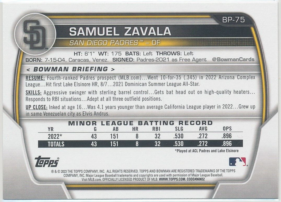 Samuel Zavala - San Diego Padres - 2023 Bowman Baseball - Prospect - # ...