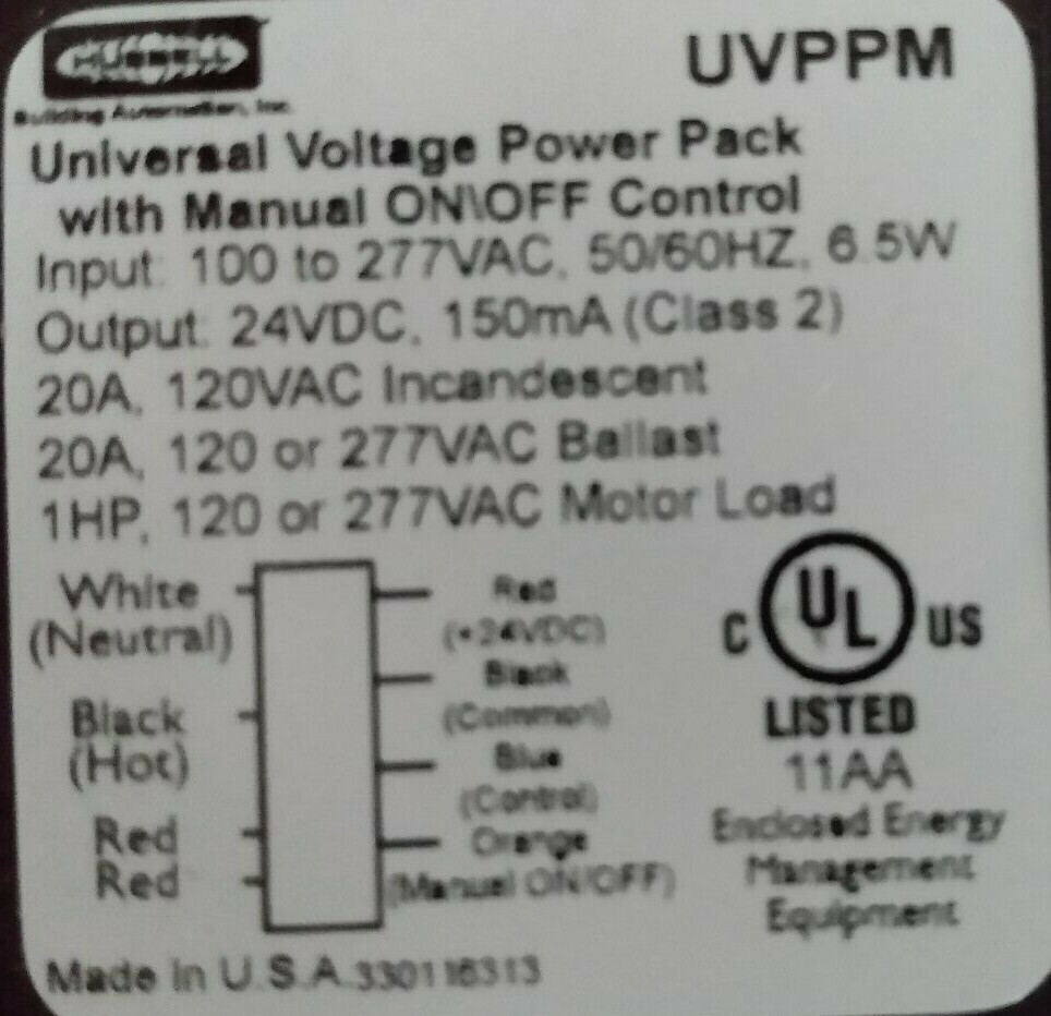Hubbell Universal Voltage Power Pack Manual On / Off Occupancy Sensor ...