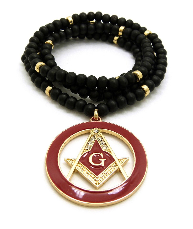 NEW FREEMASON MASONIC 2 TONE ROUND PENDANT 6mm/30" WOODEN BEAD CHAIN ...