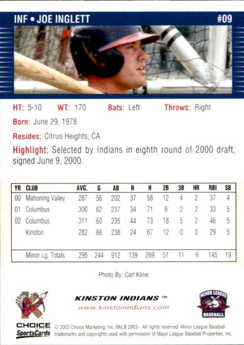 2003 Kinston Indians Choice #9 Joe Inglett Citrus Heights California CA ...