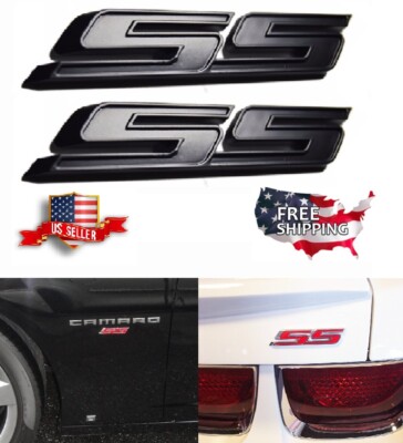 2 FLAT BLACK SS Badge Fender Trunk Emblem Decal for Chevy Camaro Impala ...