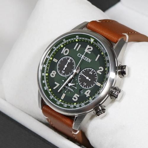 Citizen Eco-Drive Green Dial Stainless Steel Brown Leather Strap Men's ...