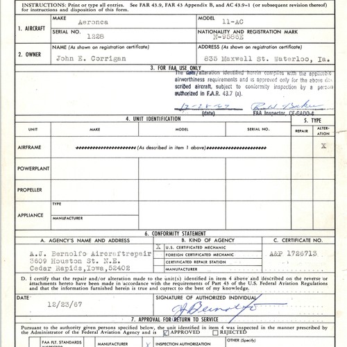 1967 FAA Major Repair Form 337 Aeronca Aircraft 11-AC Cedar Rapids ...