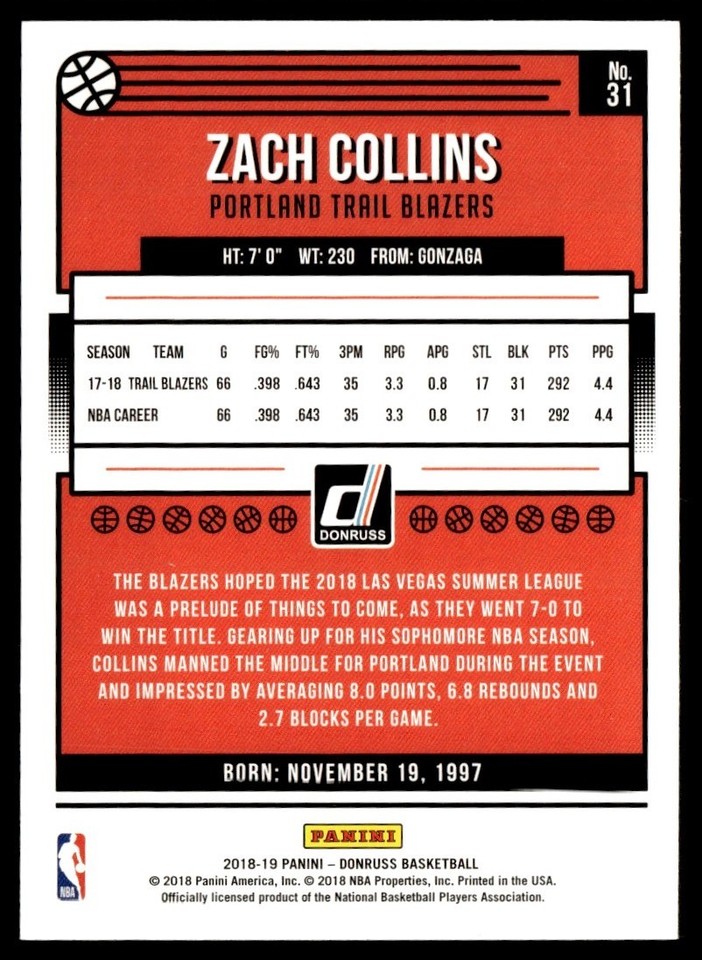 2018-19 Donruss Zach Collins Portland Trail Blazers #31 | eBay