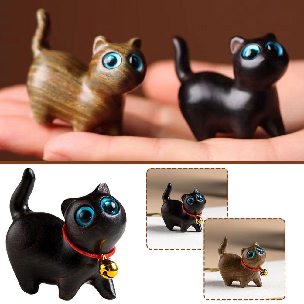 Wooden Cat Sculpture Wood Cat Figurine Miniature Small Decor' Home ...