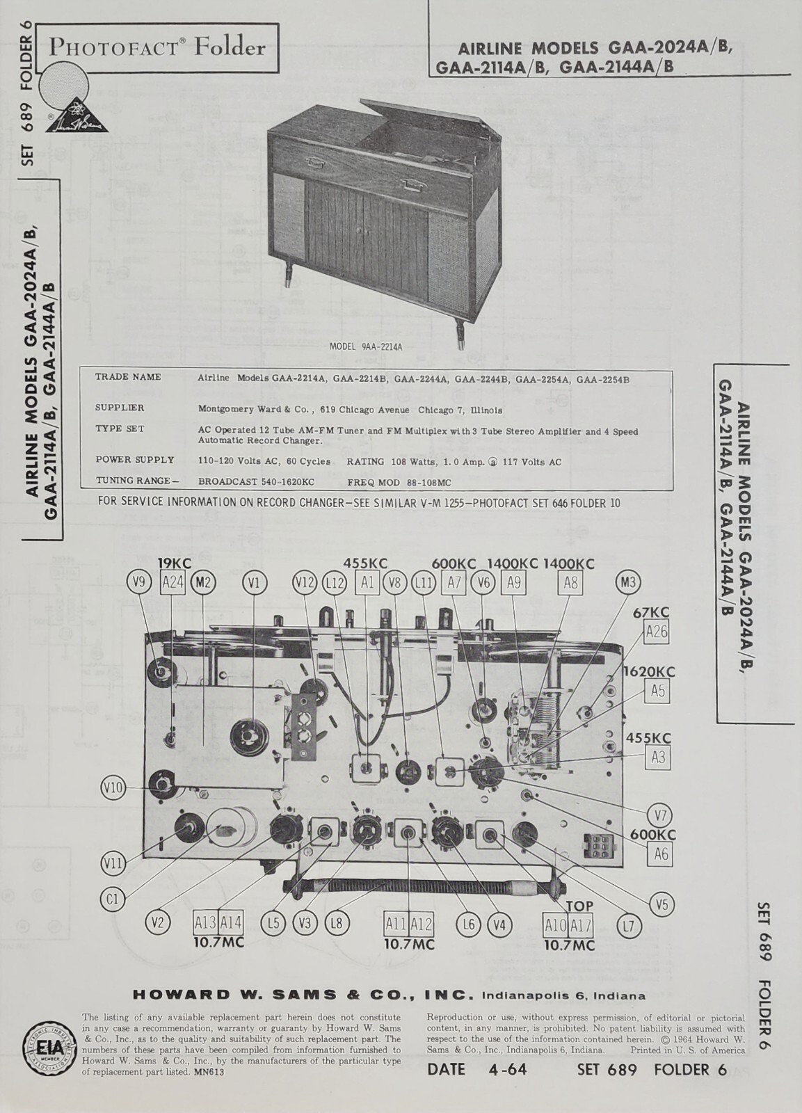 SAMS PHOTOFACT SERVICE MANUAL 689-6 AIRLINE RADIO GAA-2024A/B GAA-2114A ...